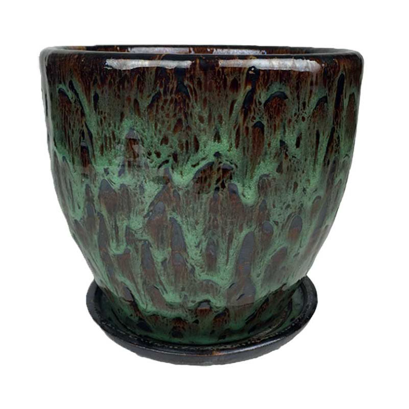 11.5" Jadeite Green Ceramic Volcano Pot and Detached Drip Tray