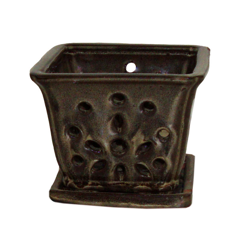 5" Creamy Chestnut Fluted Square Ceramic Orchid Pot